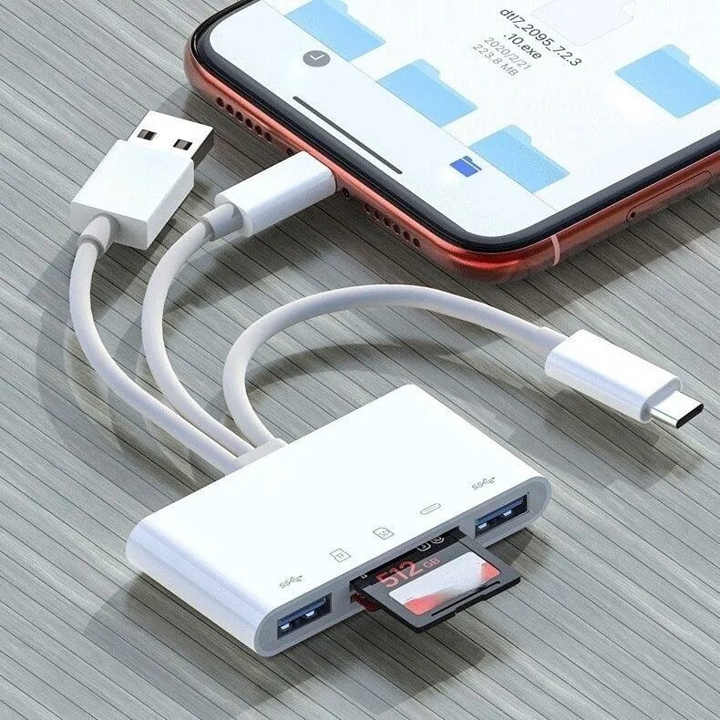 USB-концентратор, универсальный кардридер 5-в-1 для iPhone, iPad, USB-C и USB-A, белый