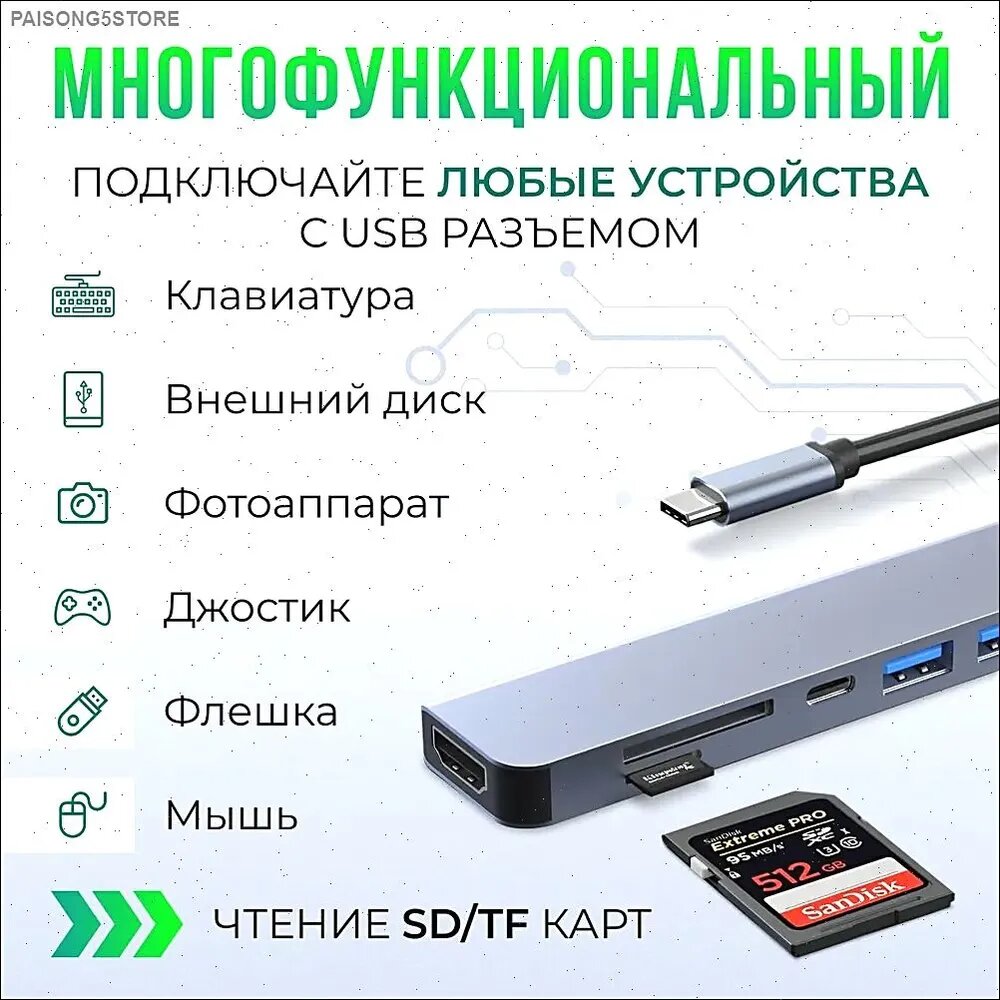 USB-концентратор TYPE-C - HDMI 7 портов для MacBook, ПК Windows, смартфонов, серебристый — фото 1