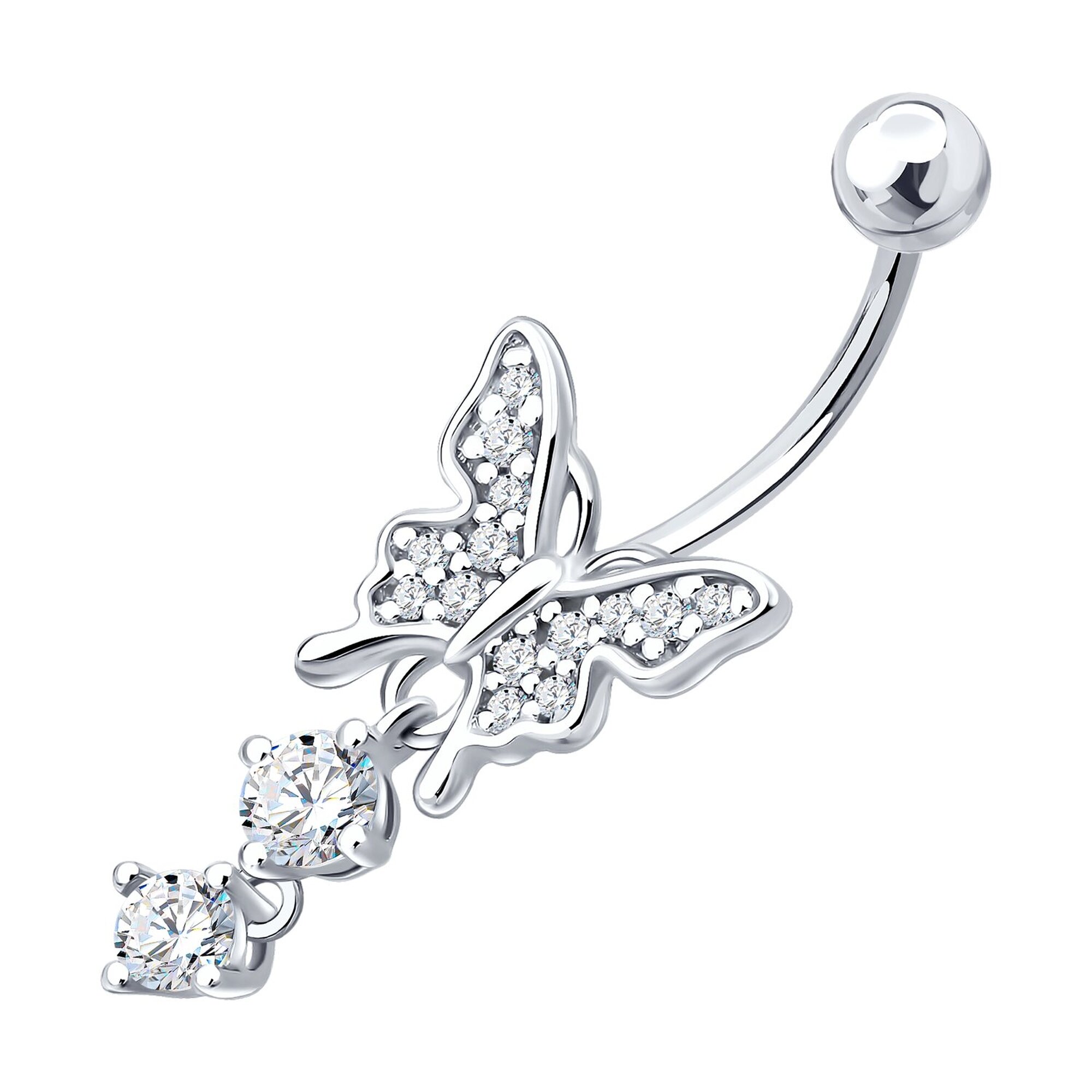 Пирсинг в пупок, серебро, 925 проба, родирование, фианит