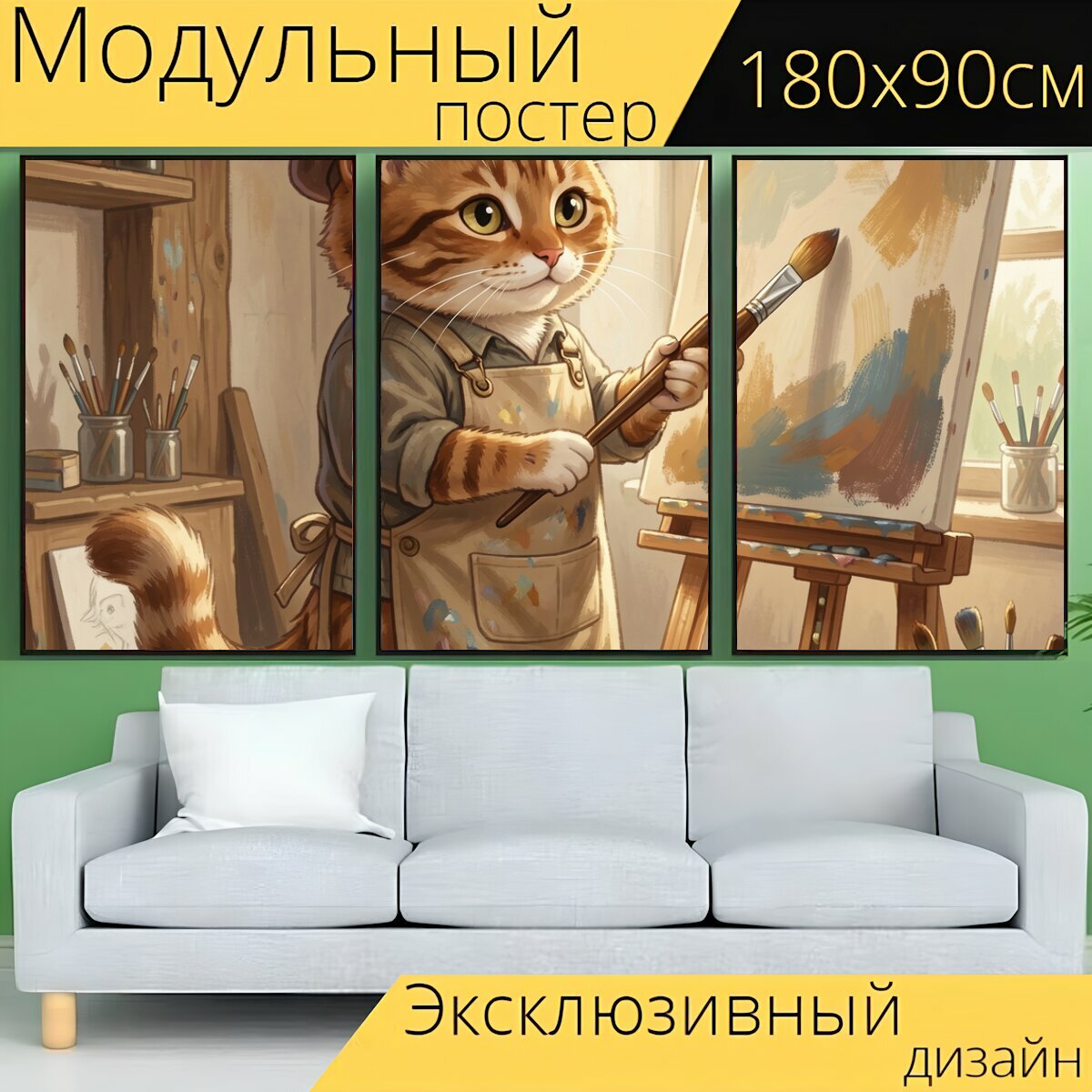 Модульный постер "Кот-художник у мольберта. Уютная иллюстрация с рыжим питомцем в берете и фартуке, который пишет кистью в мастерской." 180 x 90 см. для интерьера на стену в тубусе