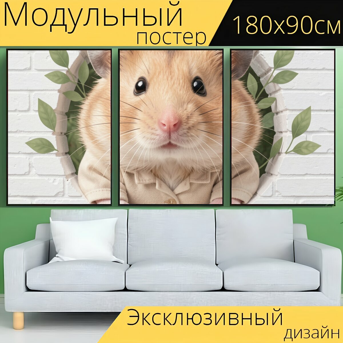 Модульный постер "Хомяк в круглой нише. Милый пушистый грызун выглядывает из круглого проёма в белой кирпичной стене, вокруг зелёные." 180 x 90 см. для интерьера на стену в тубусе