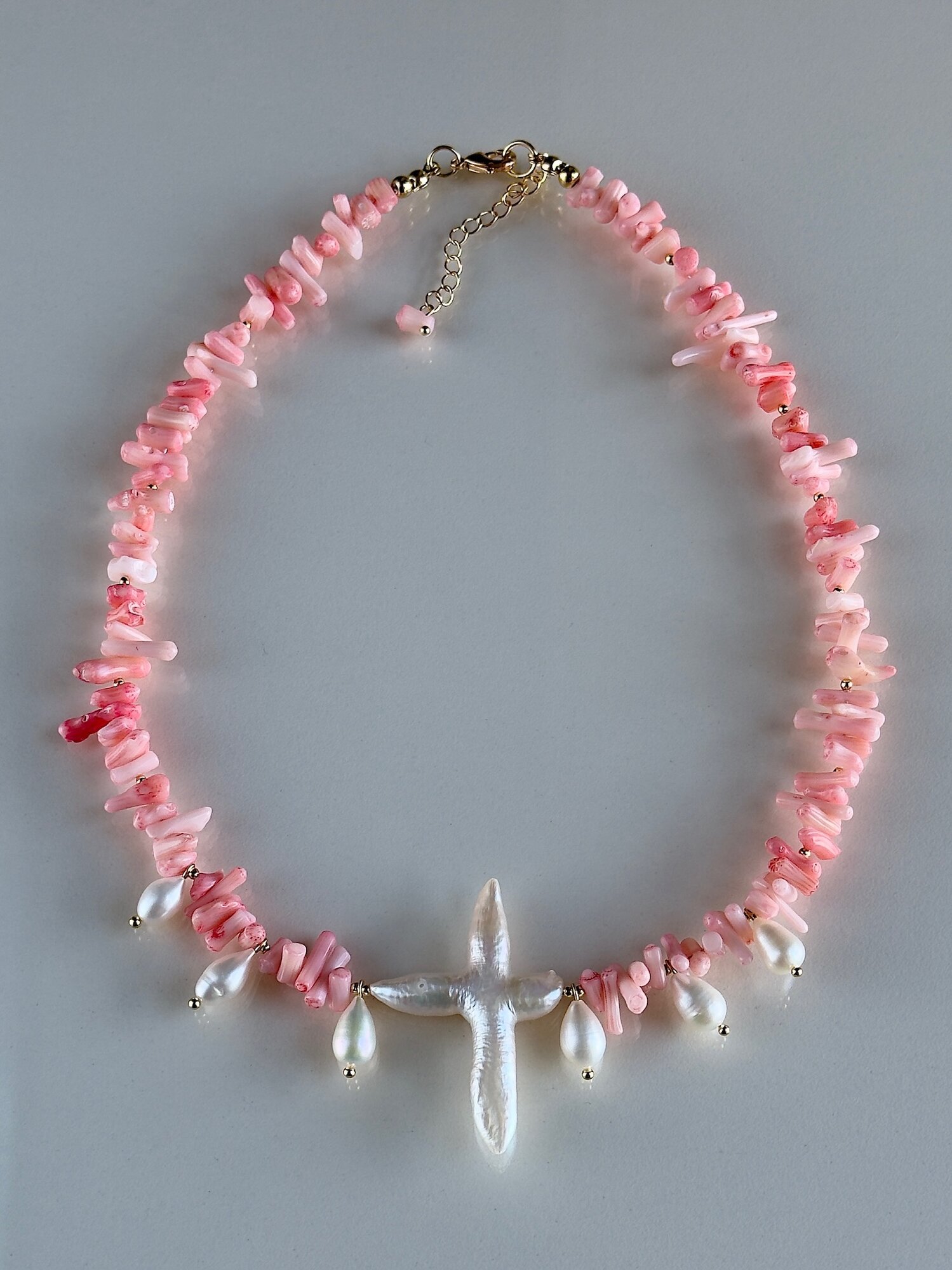 Колье, жемчуг культивированный, коралл, жемчуг барочный