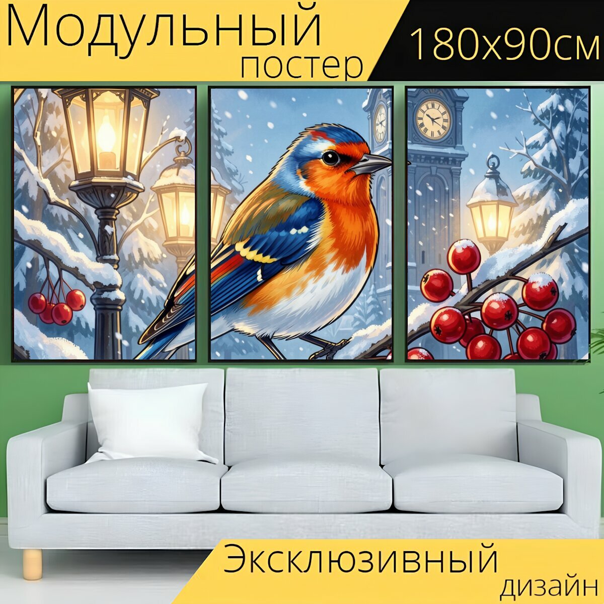 Модульный постер "Снегирь на зимней ветке. Яркая иллюстрация зимнего парка с птицей на заснеженной ветви, красными ягодами, фонарями и." 180 x 90 см. для интерьера на стену в тубусе