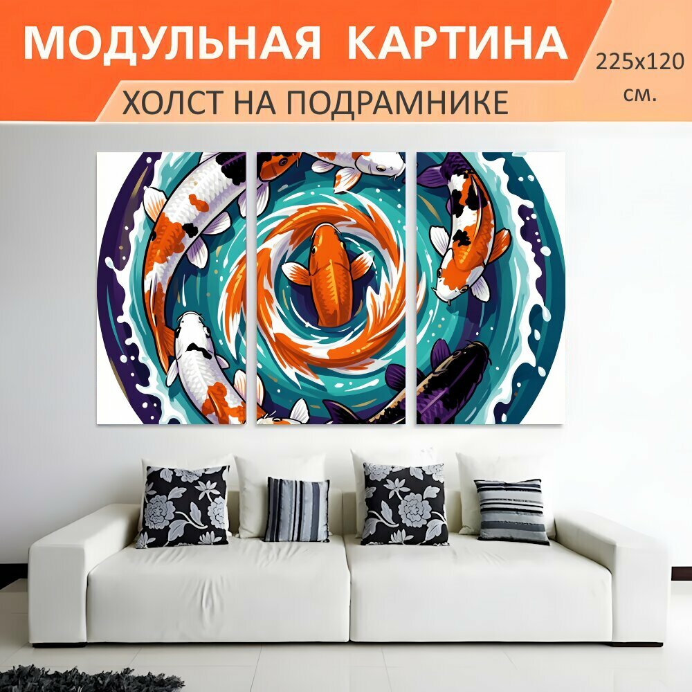 Модульная картина на холсте "Японские карпы в круговороте воды. Декоративная композиция с разноцветными рыбами кои, плывущими по." триптих на подрамнике 225х120 см. для интерьера