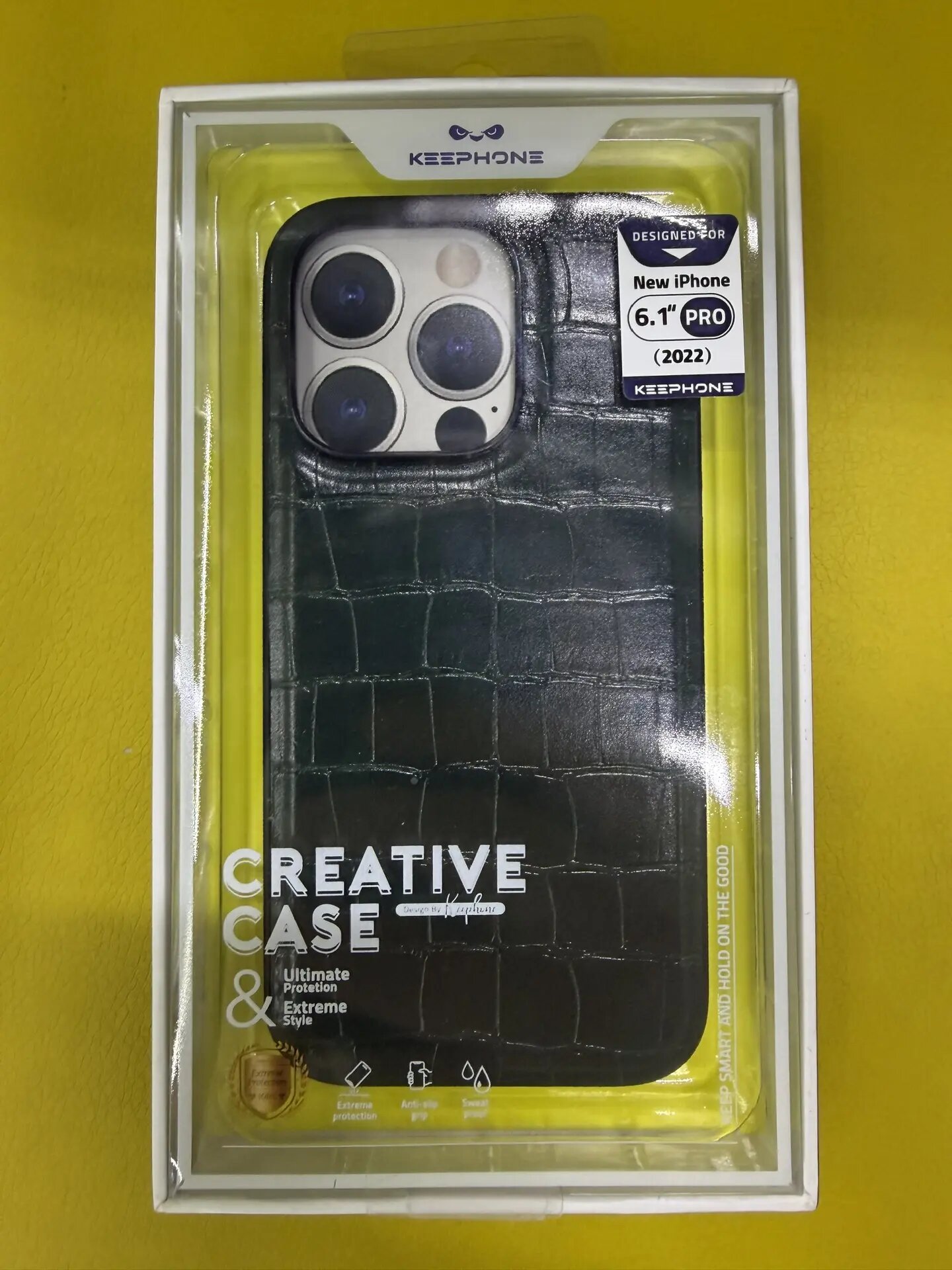 Чехол KEEPHONE Creative Case, для iPhone 14 Pro, черный, кожаный, крокодил, противоударный