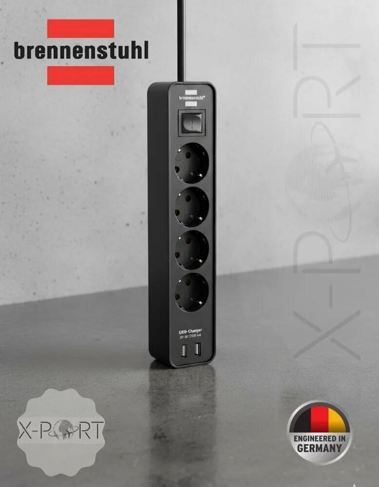 4 Розетки Brennenstuhl Ecolor Series, 2 разъема для быстрой зарядки через USB, 1,5-метровая розетка