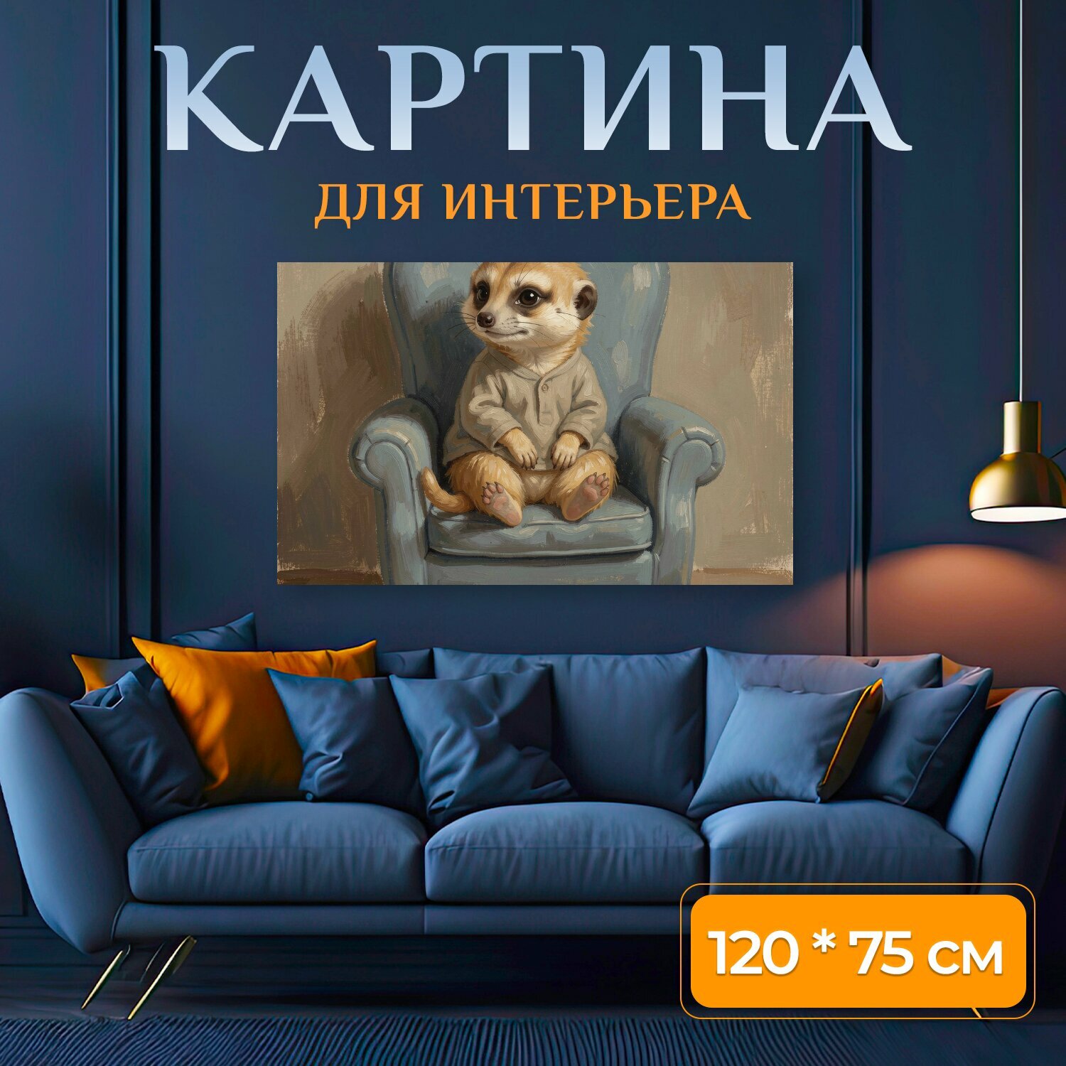 Картина на холсте "Сурикат в кресле с игрушками. Милый антропоморфный зверёк в уютном интерьере, сидит в синем мягком кресле среди." на подрамнике 120х75 см. для интерьера