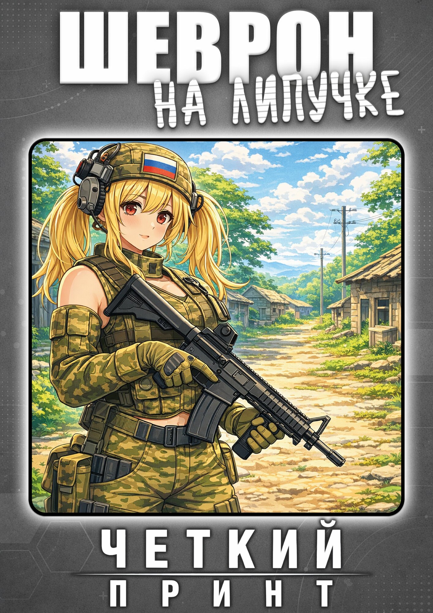 Нашивка, шеврон, патч (patch) на липучке Аниме девушка с флагом на каске, размер 8,2*8,2 см