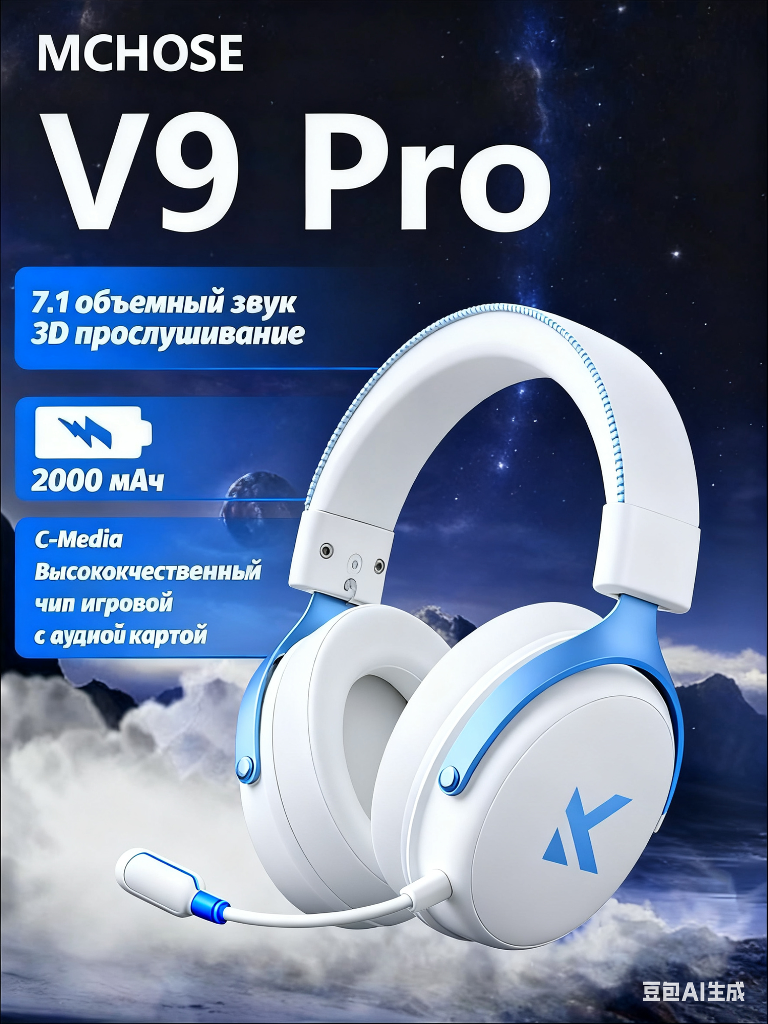 Игровые беспроводные наушники MCHOSE V9PRO, с микрофоном, Bluetooth, Радиоканал, USB Type-C, Белый синий