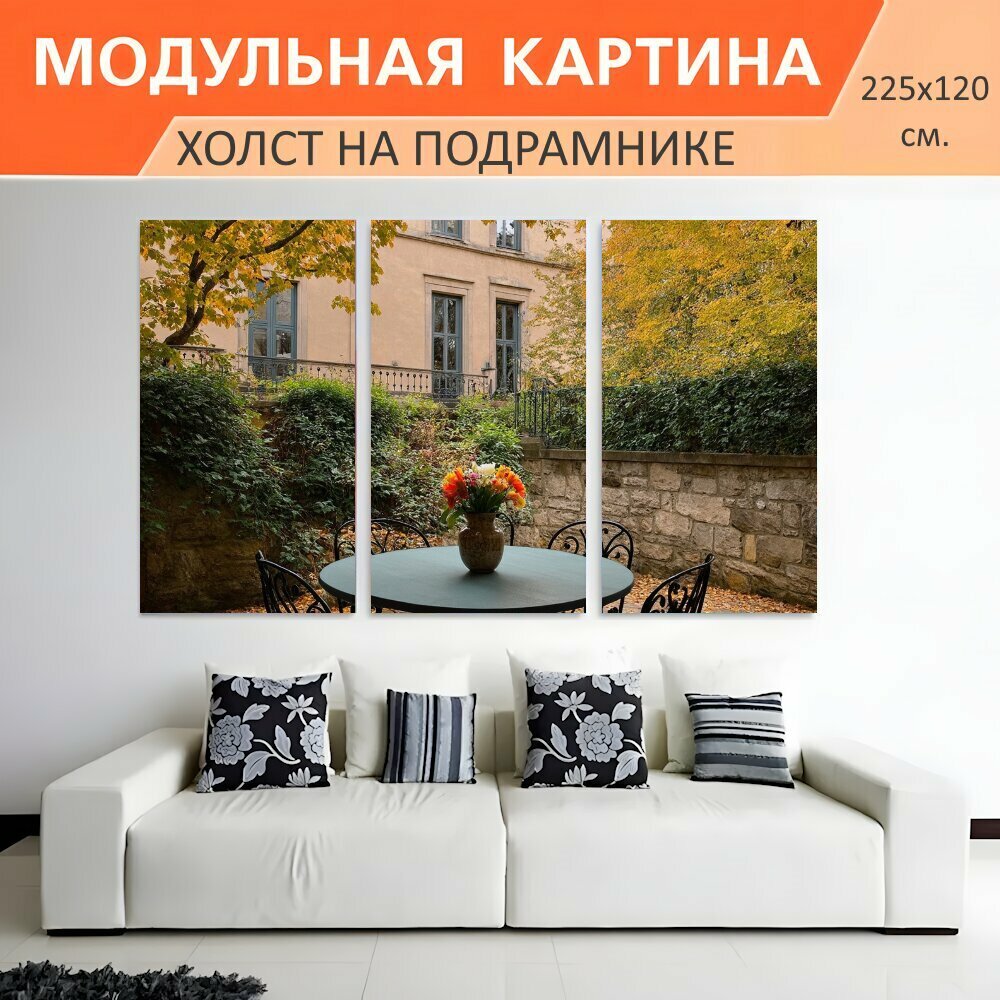 Модульная картина на холсте "Старинный дворик с уютным обеденным столом и стульями из кованого железа, окруженный зелеными деревьями." триптих на подрамнике 225х120 см. для интерьера