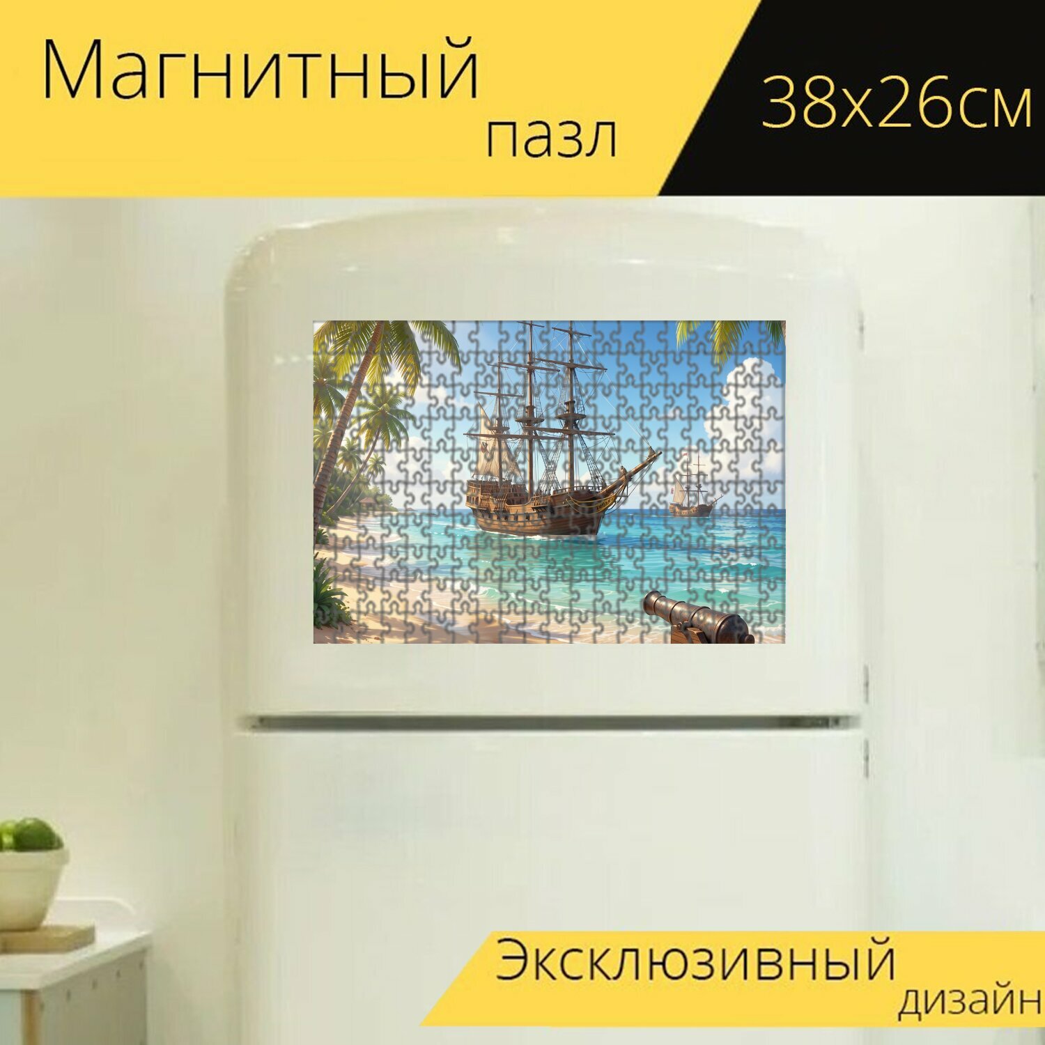 Магнитный пазл "Пиратский корабль у тропического берега. Морская сцена с парусными судами у лазурного острова, пальмами, белым песком и старинной пушкой на." для интерьера, 38х26 см.