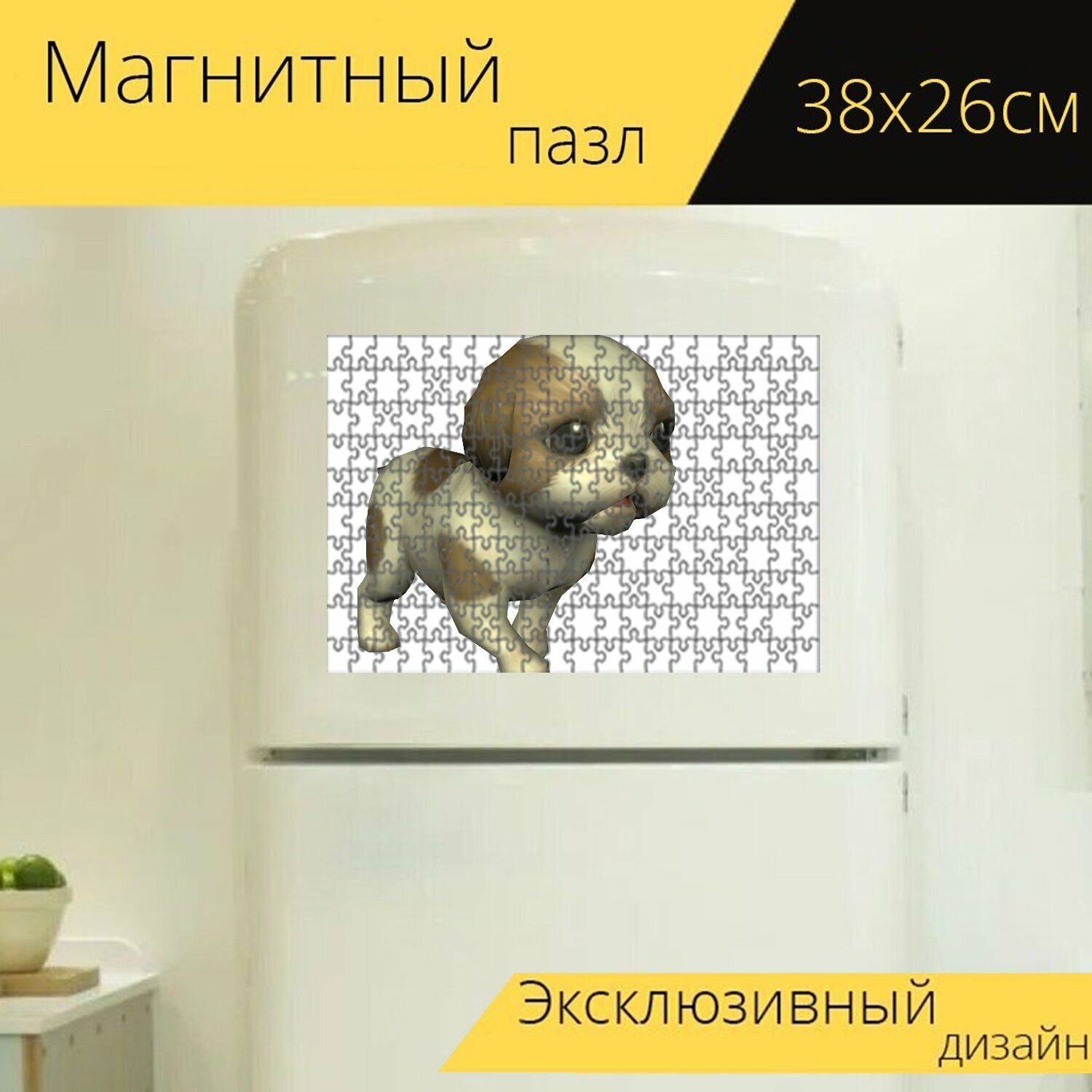Магнитный пазл "Собака Ши-тцу собака Ши-тцу, изолированные на белом фоне Ши-тцу собака щенок домашнее животное животное изолированный белый фон ходьба." для интерьера, 38х26 см.