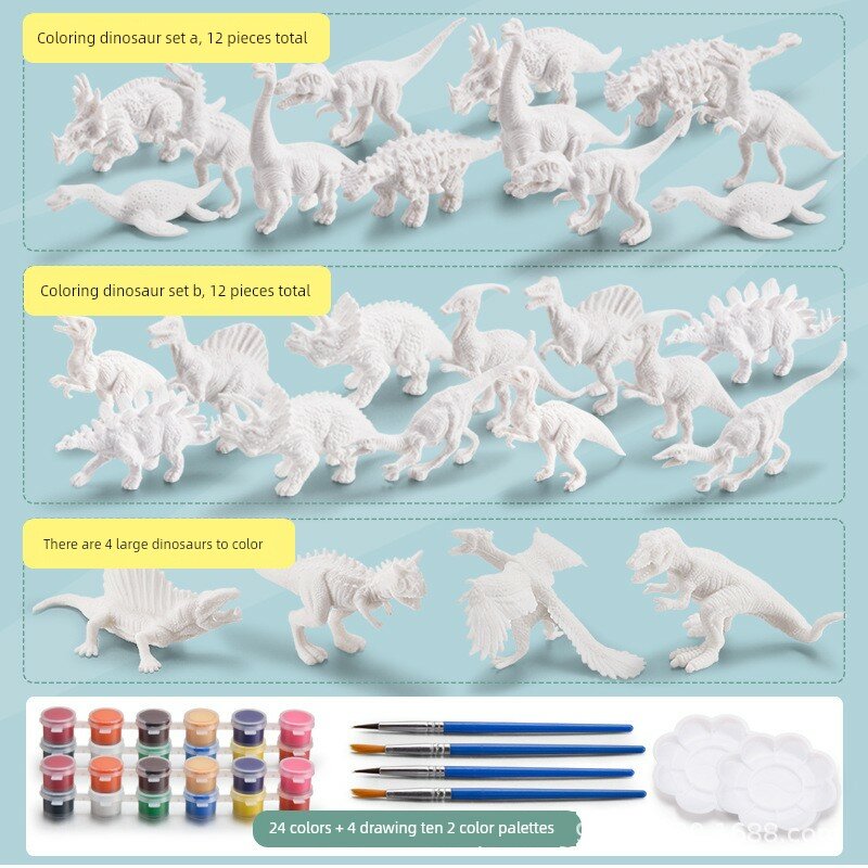 24 динозавра + 4 крупных, 4 кисти, 24 цвета, поднос для рисования в наборе DIY для детей