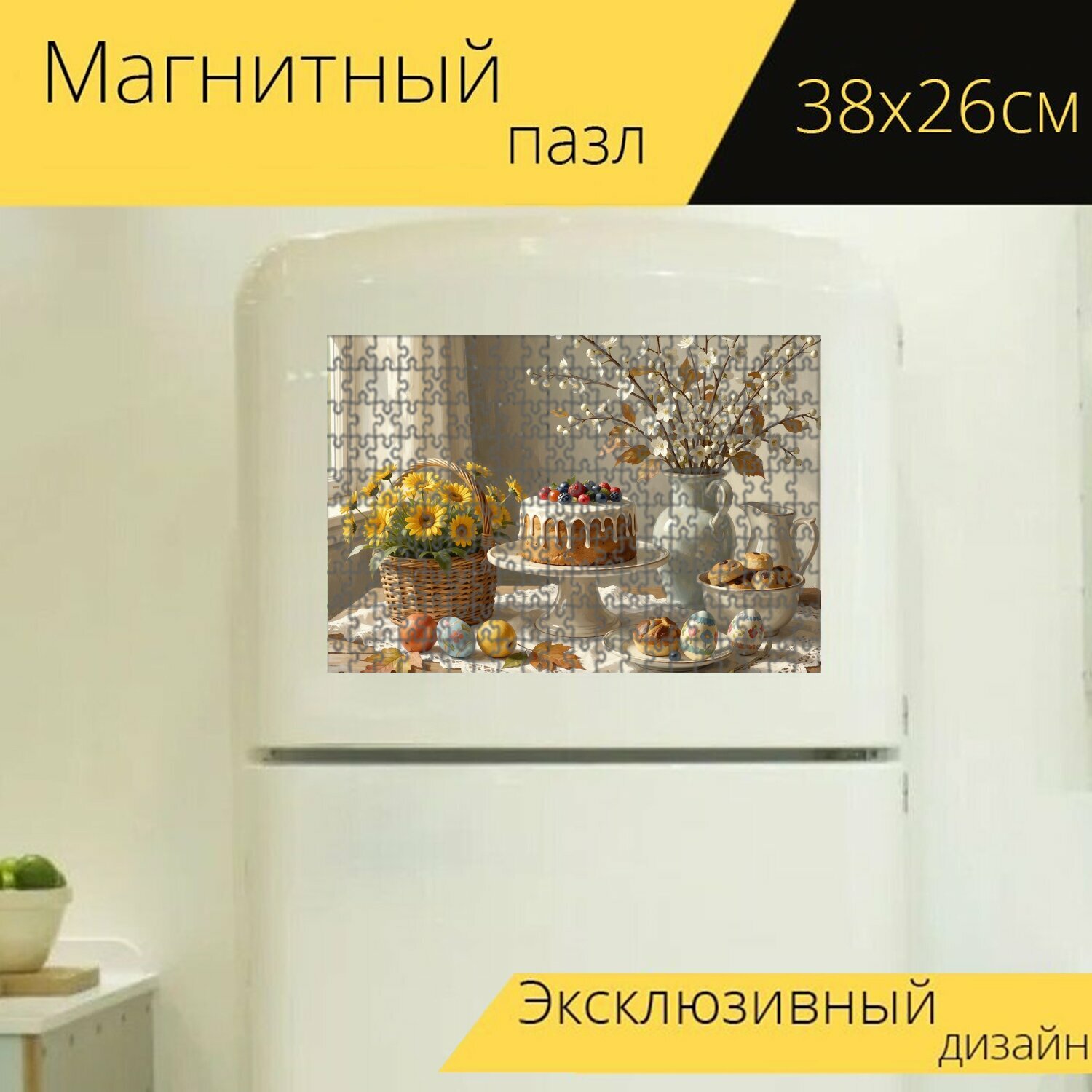 Магнитный пазл "Осенний натюрморт с тортом и цветами. Уютная праздничная композиция в теплых бежевых тонах: десерт с ягодами, плетеная корзина с желтыми." для интерьера, 38х26 см.