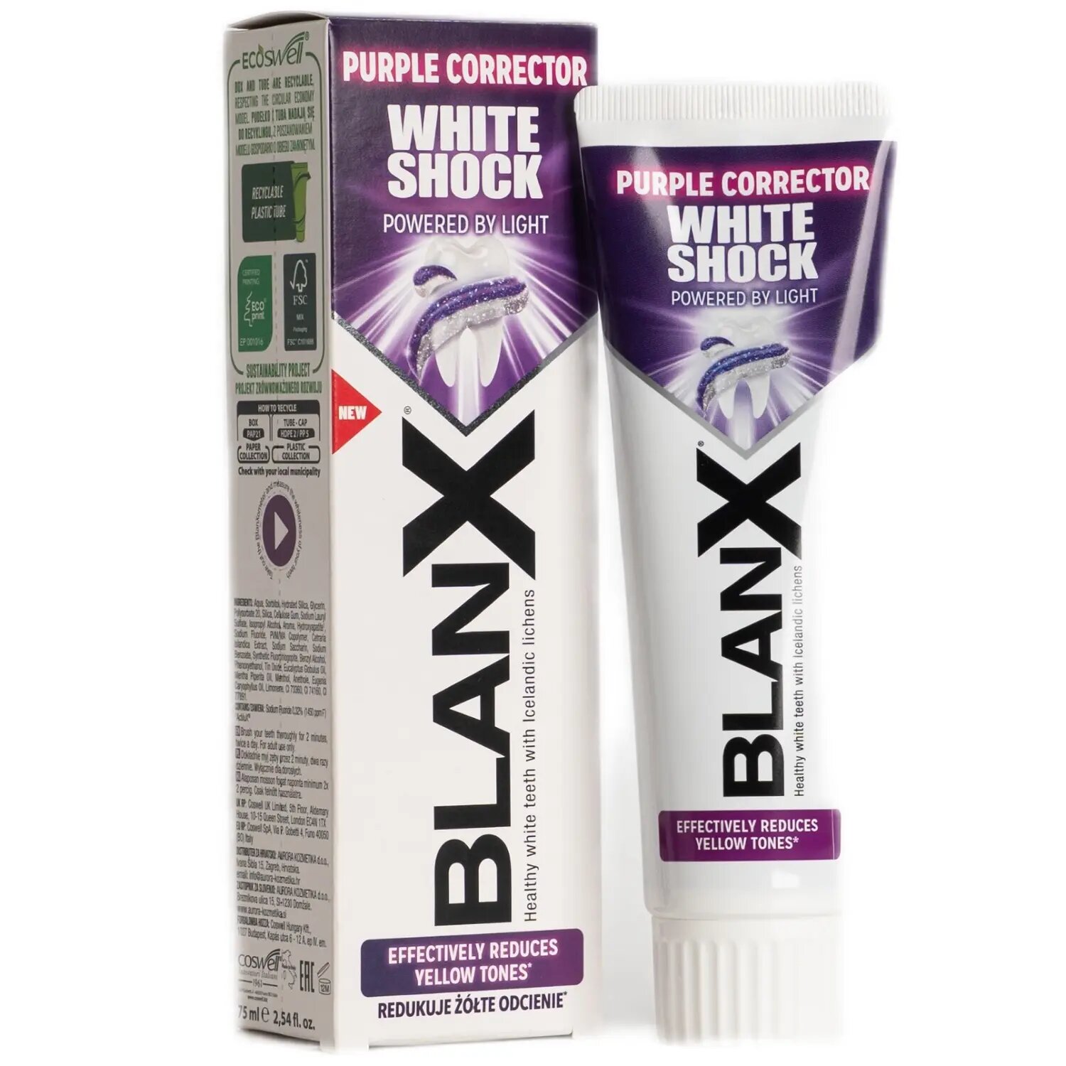 Зубная паста BlanX White Shock / отбеливающая с фиолетовым корректором цвета, 75 мл