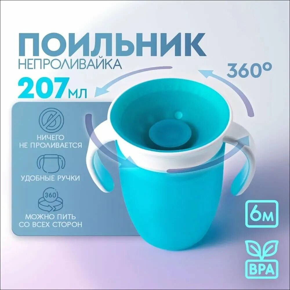 Поильник детский непроливайка 360, с ручками. Кружка стакан непроливайка для детей, Объем 207 мл. Размер 11х10.5 см. Цвет голубой.
