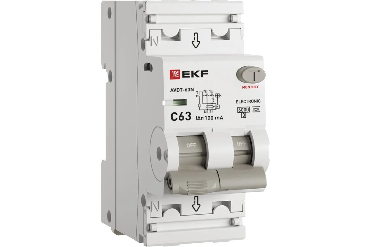 Автоматический выключатель дифференциального тока EKF АВДТ-63N 1P+N 63А 100мА характеристика C тип A электронный 6кА PROXIMA D63N26EA63C100