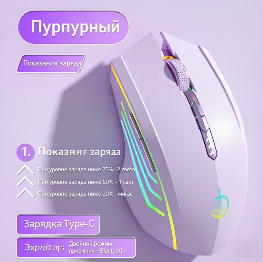 Игровая мышь Kensei "Меха", RGB-подсветка, Bluetooth, фиолетовая