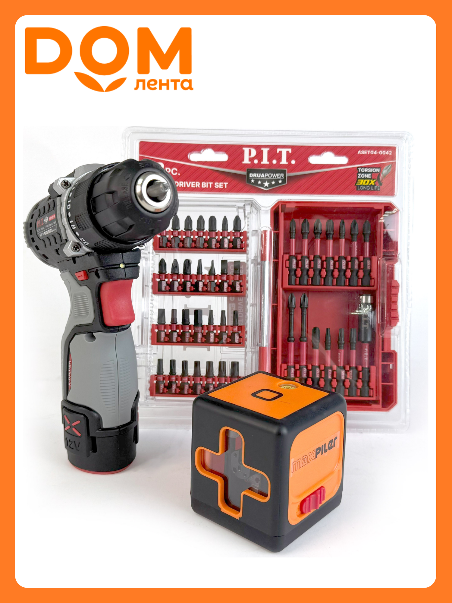 Комбо набор P.I.T. & MAXPILER : Безщеточный шуруповерт + Лазерный уровень + Набор бит