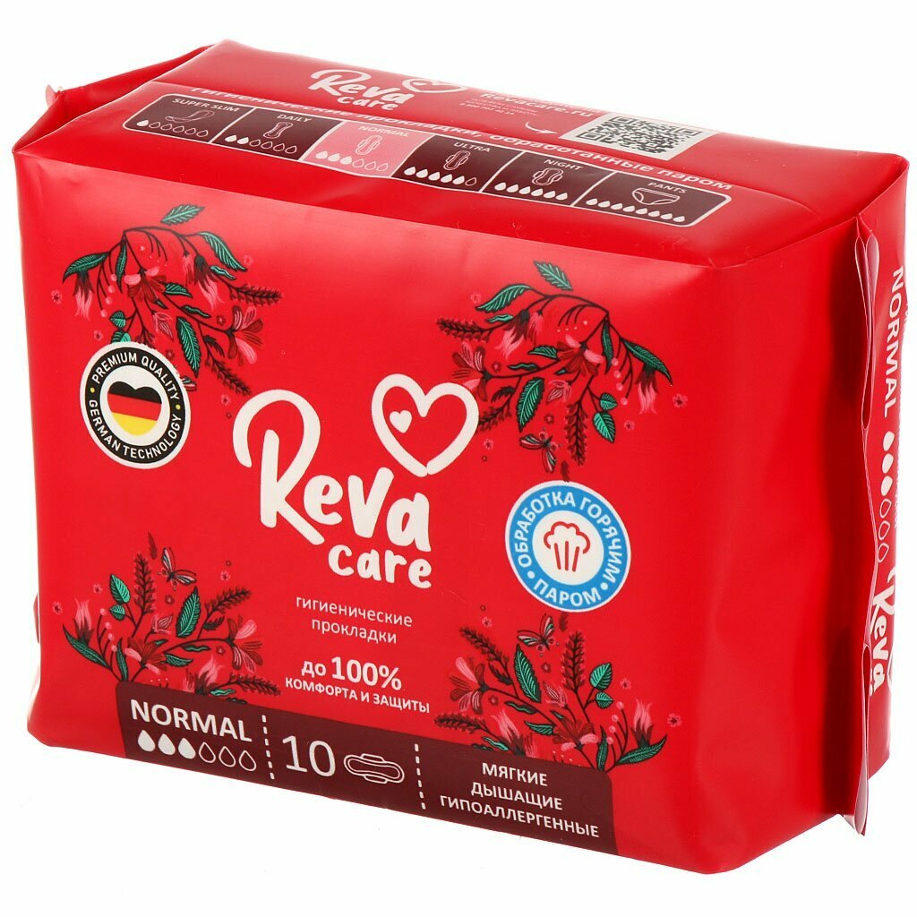 Прокладки женские Reva Care Normal дневные 10 шт, 3 капли, с крылышками, 24 см