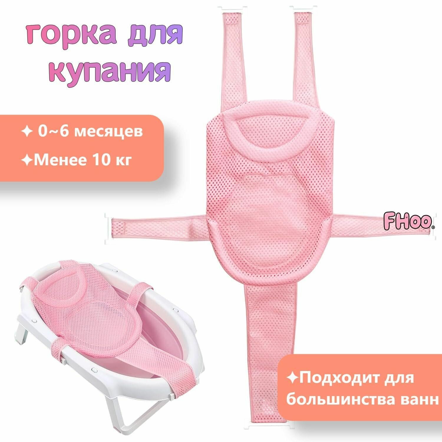 Гамак для купания новорожденных MELL — горка в ванночку с креплениями для поддержки малышей, купальный матрасик