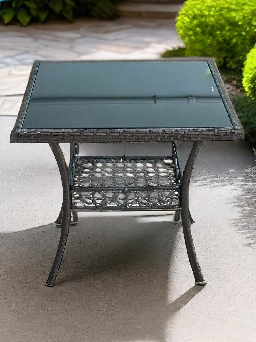 Садовый круглый столик из закалённого стекла и имитации ротанга, белый, для сада, балкона и гостиной, 60×60×60 см