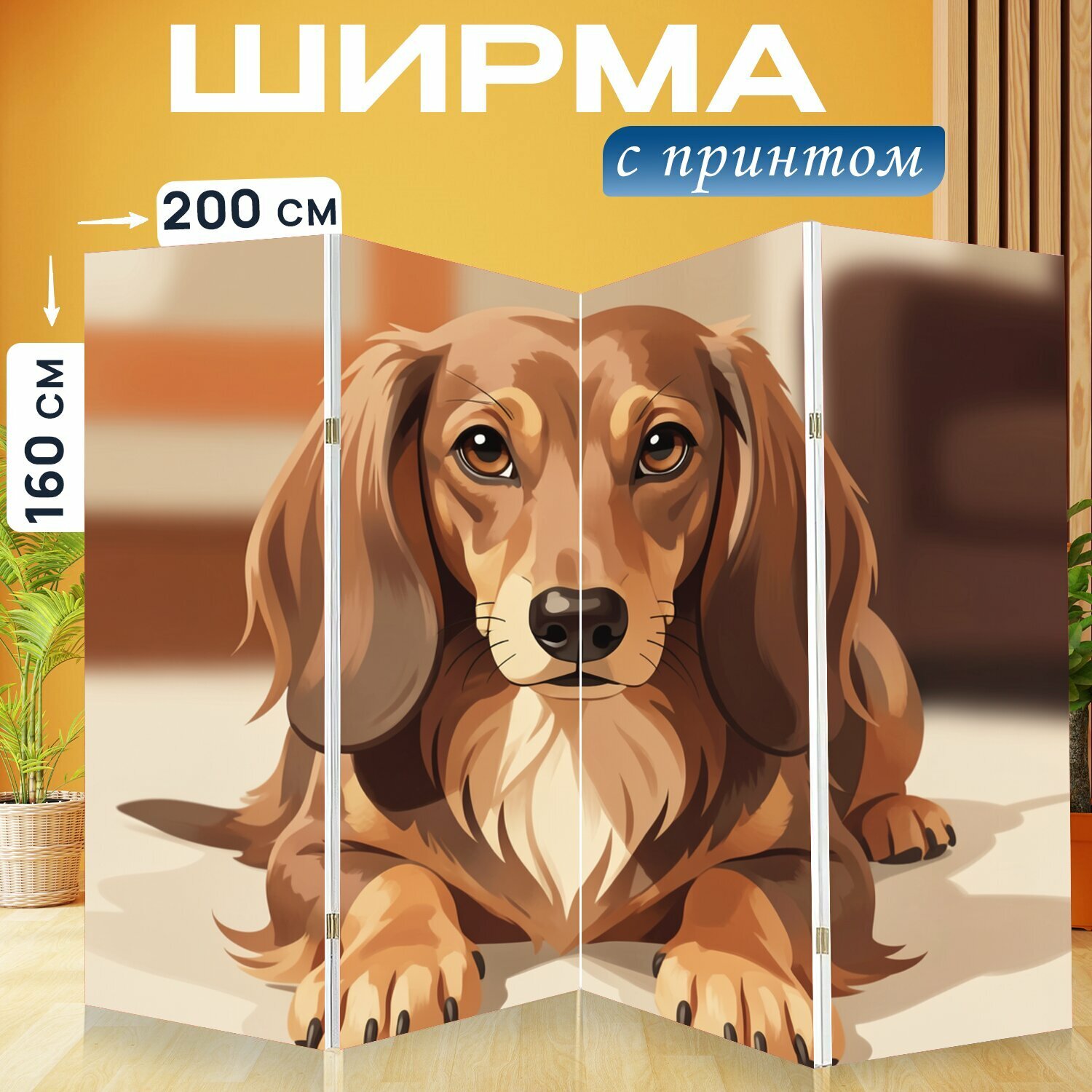 Ширма "Такса в теплых тонах. Милый лонгхаунд с длинными ушами, лежащий на светлом фоне. Плоская цифровая." перегородка для зонирования комнаты с принтом 200x160 см. на холсте