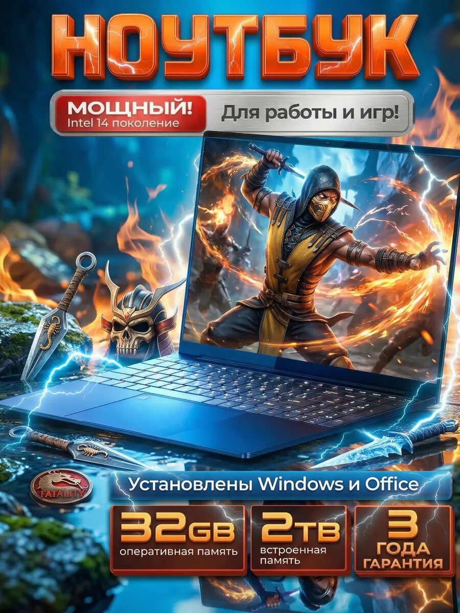 Ноутбук Intel Core i7-14700HX, 32GB RAM, 2048GB SSD, 2026 + Windows, Office