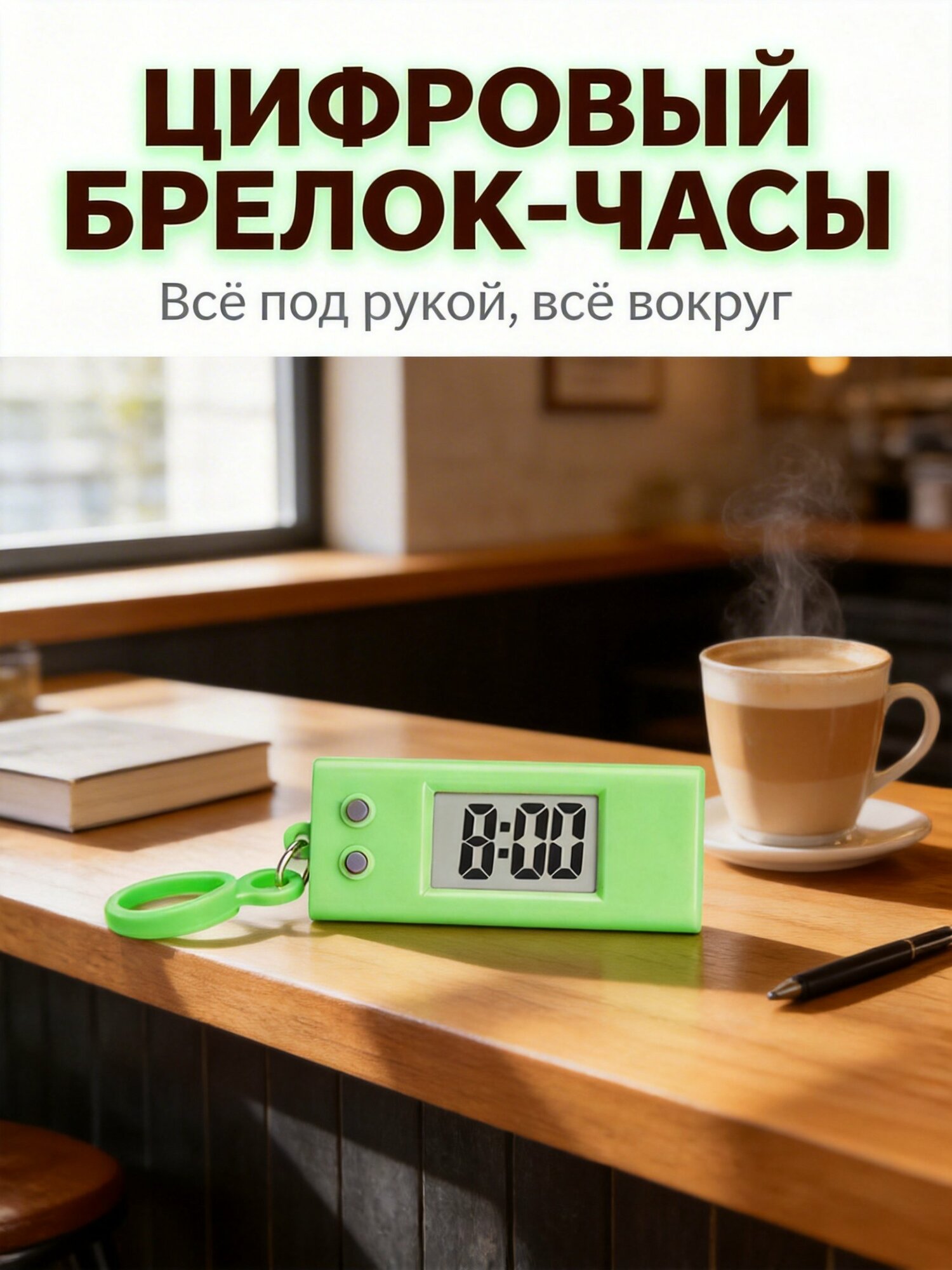 Портативный цифровой брелок с маленькими часами, бесшумный ЖК-дисплей, выполнен из ABS и с батарейкой AG3 в комплекте