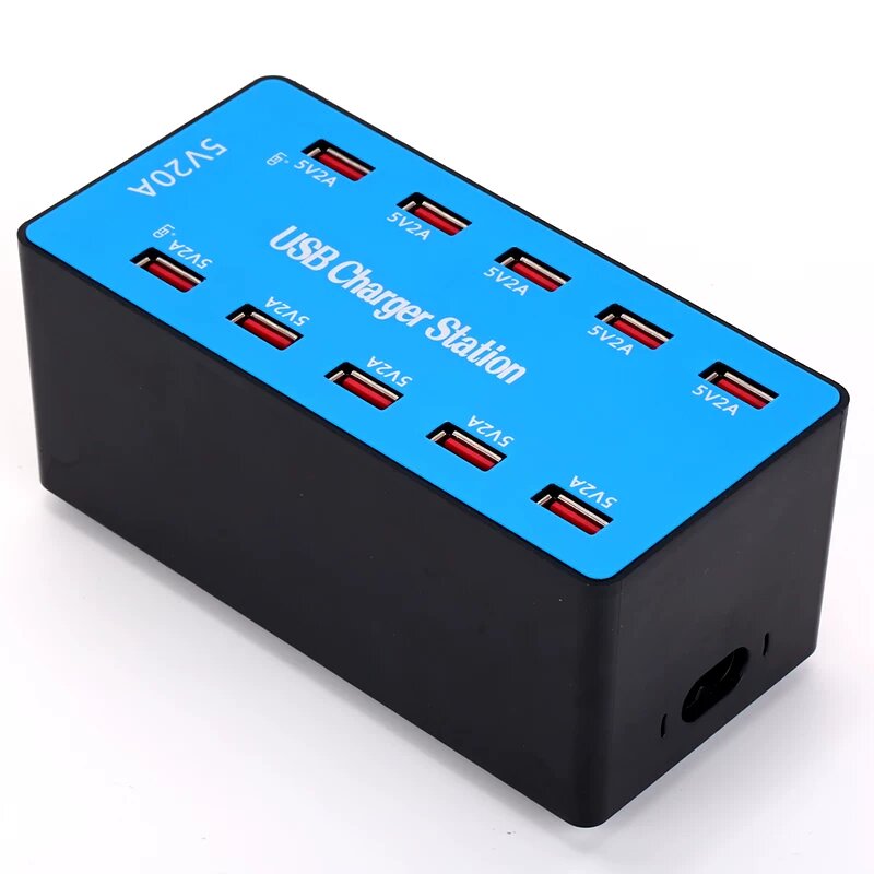 10-портовое синее USB-зарядное устройство с выходом 20А, быстрая зарядка для 10 устройств, компактный настенный адаптер