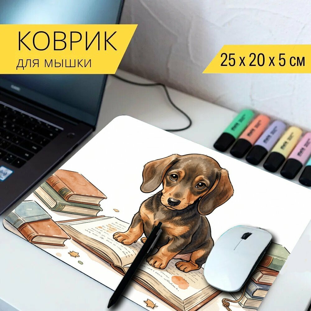 Коврик для мыши с принтом "Такса среди раскрытых книг. Милый акварельный сюжет с коричневым щенком на фоне стопок старинных томов и открытых страниц. Тёплые бежевые и." 25x20см.
