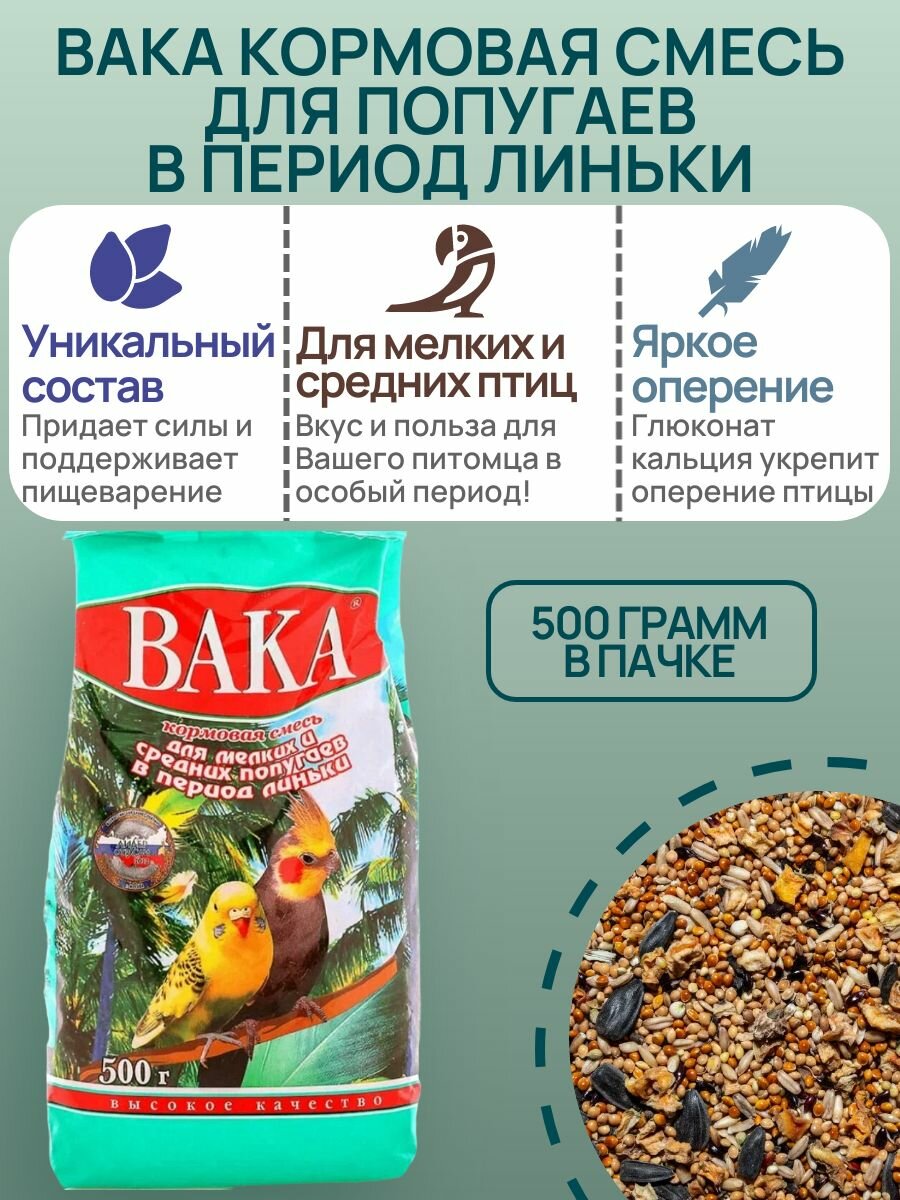 Вака ВК Корм для мелких и средних попугаев в период линьки, 500 гр