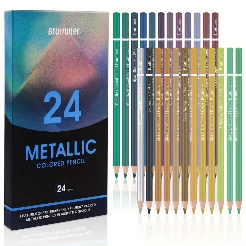 Набор цветных карандашей Brutfuner Metallic, 24 шт. для рисования на черной бумаге