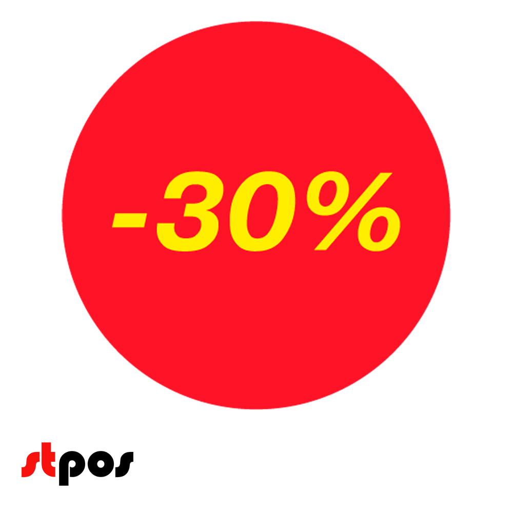 Ценники-стикеры самокл, полипропилен "минус 30%", съемный клей, круг 29мм, красный с желтым (250шт)