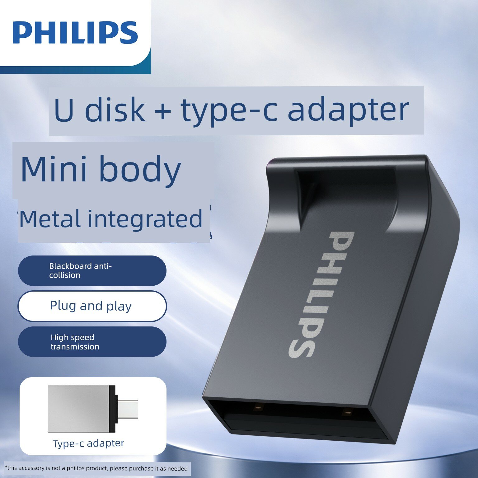 64 ГБ мини-флешка с адаптером для USB-C, серый цвет компактное хранилище для мобильных и ПК