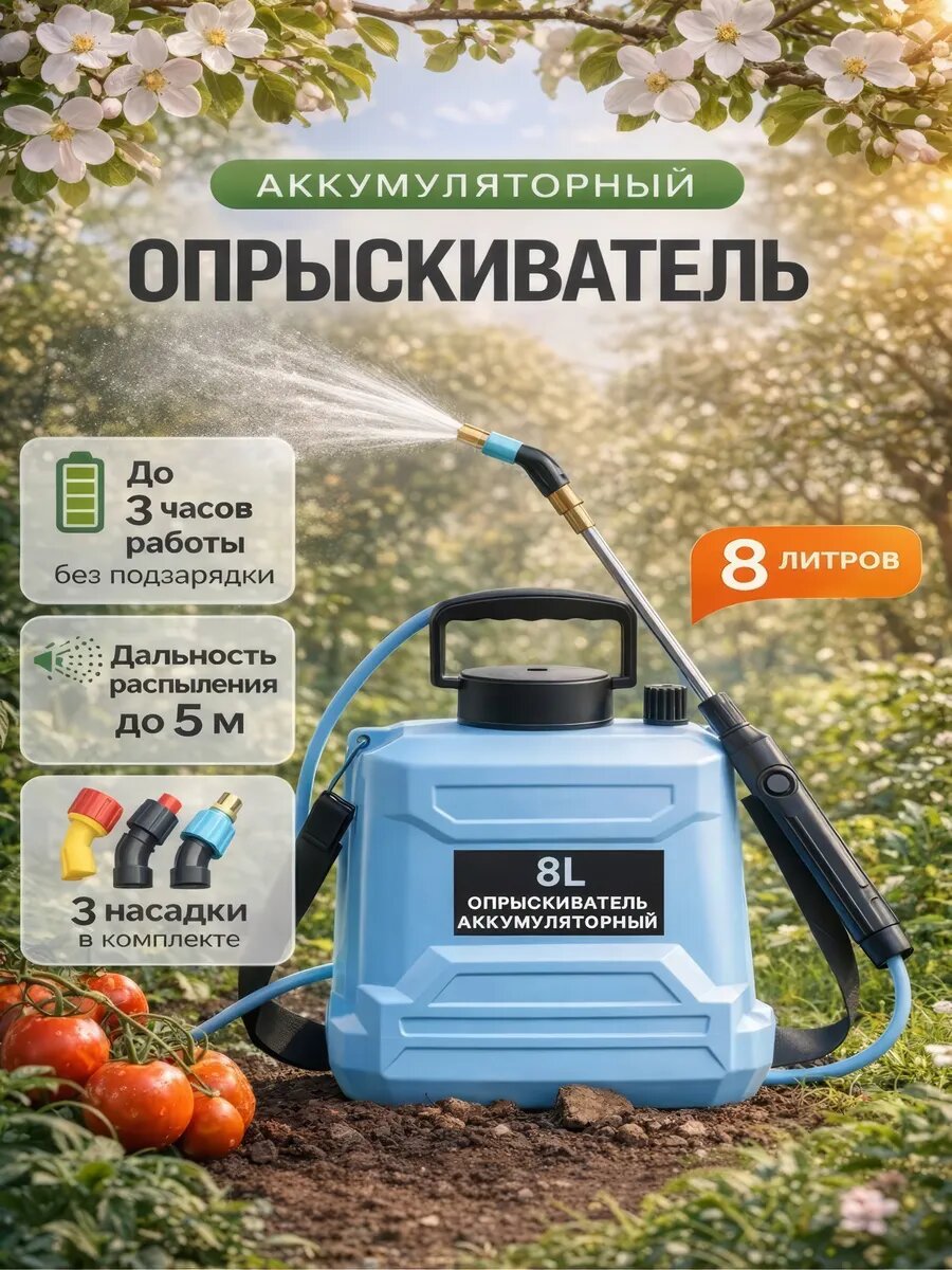 Опрыскиватель, ранцевый, для сада и огорода, аккумуляторный, 8л