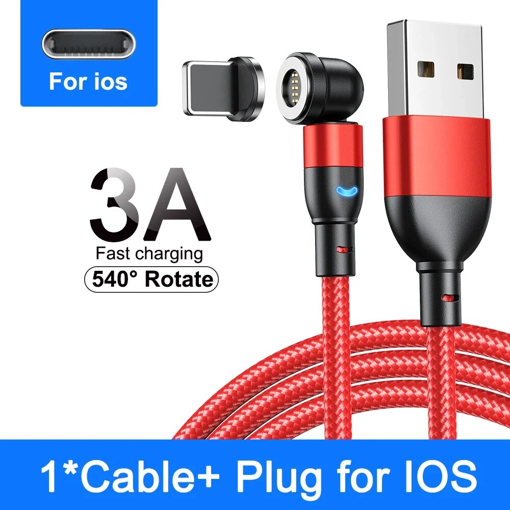 Магнитный кабель для iPhone, Red, 2M, 3A, 540°