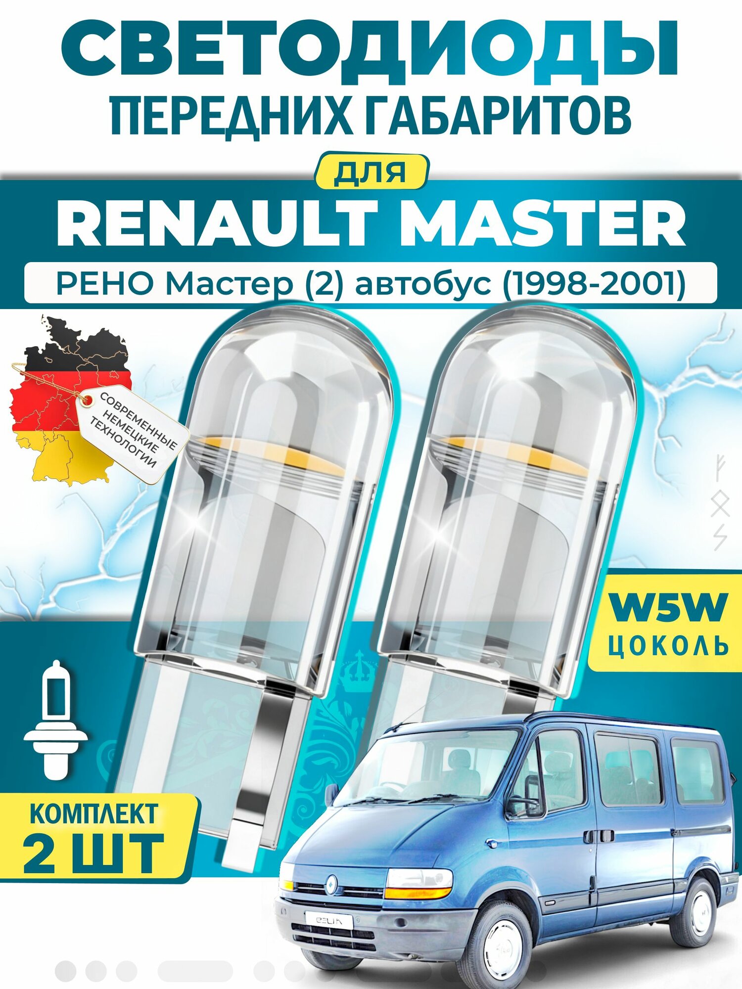 Лампы светодиодные габаритные для RENAULT MASTER II Bus / рено Мастер (2) автобус (1998-2001), W5W ( LED - белый свет 5000k ) (комплект 2шт)
