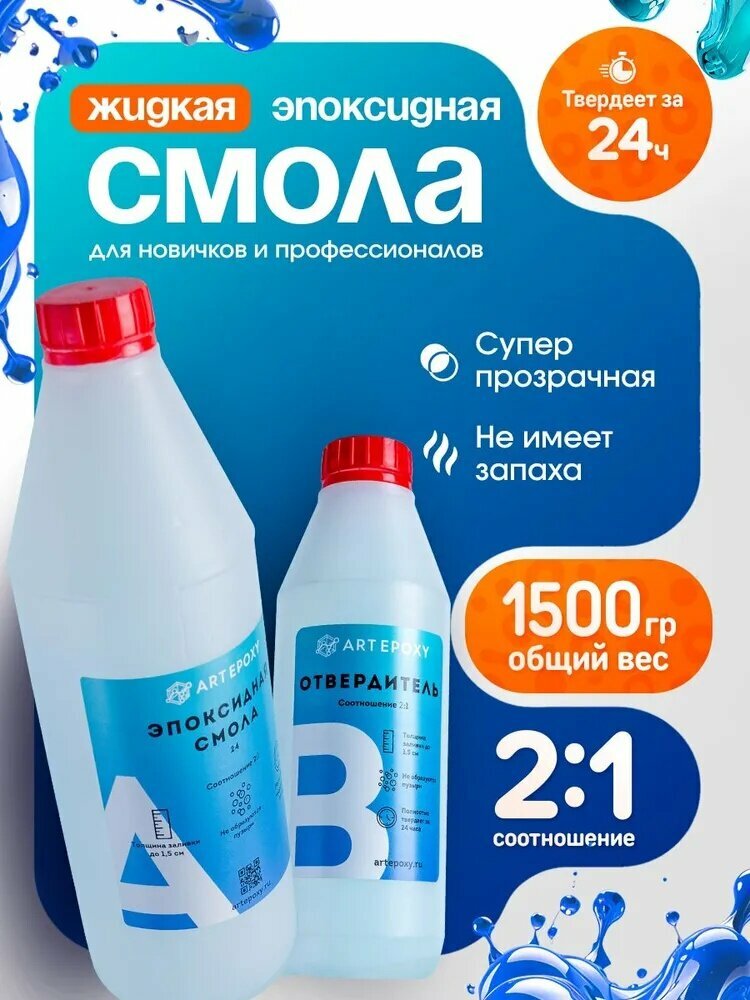 Эпоксидная смола для творчества для заливки форм, молдов, бижутерии, украшений, аксессуаров, предметов декора и мебели, ArtEpoxy 1,5кг