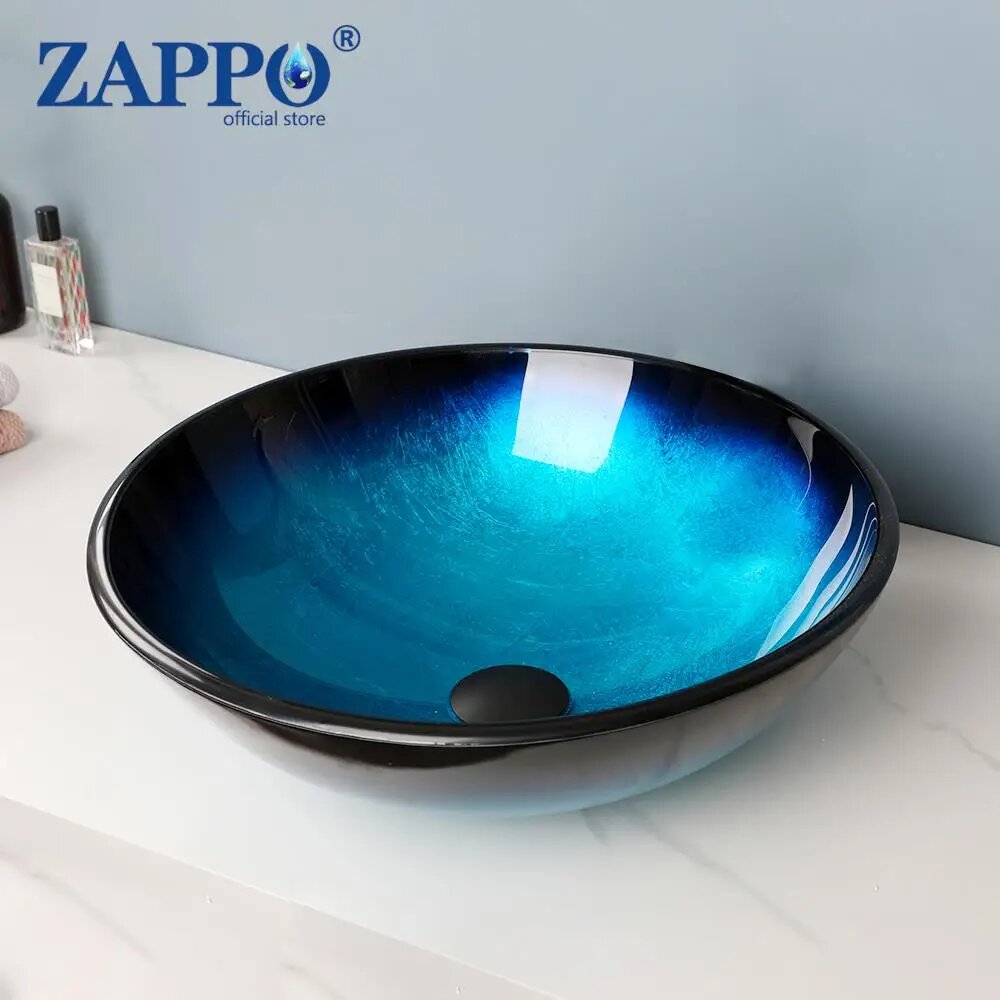 Ванна для ванной комнаты из закаленного стекла ZAPPO с водопадным черным смесителем Крашеная в синний цвет овальная ванная ванна надраковая чаша