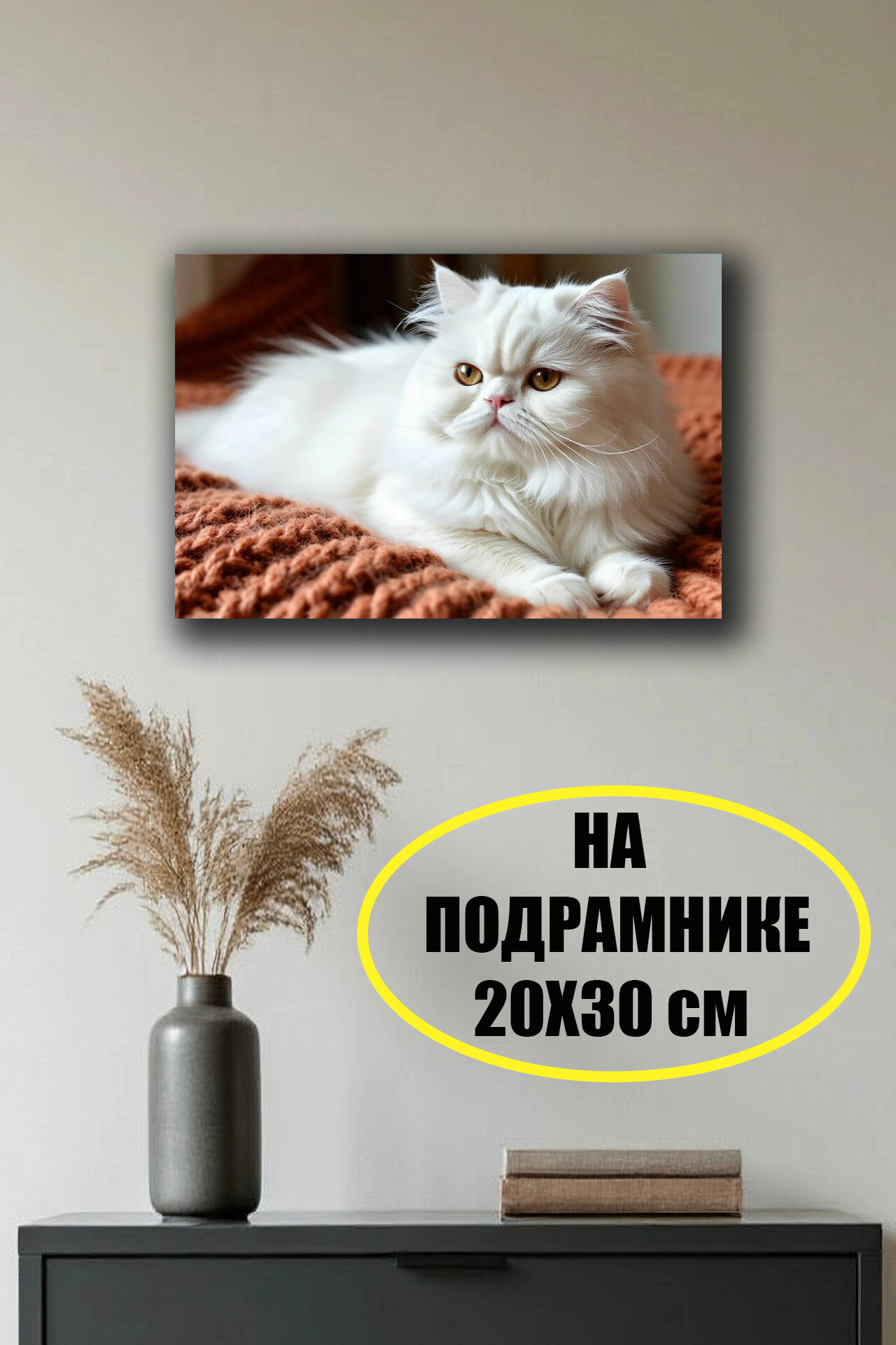 Постер на стену на подрамнике 30х20 см, картина интерьерная на подрамнике 20х30 см, постеры интерьерные белый кот