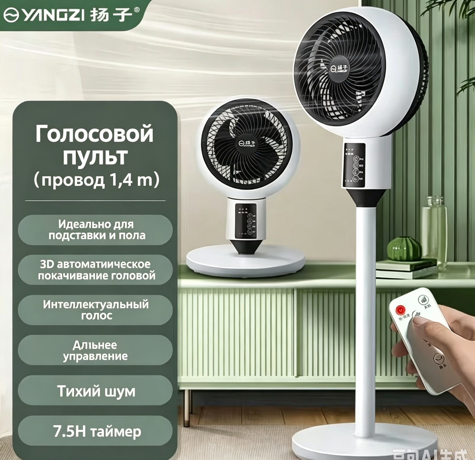 Напольный вентилятор 8b6ce266ecea, 40W, 3 скорости, электронное управление, пульт ДУ, черный