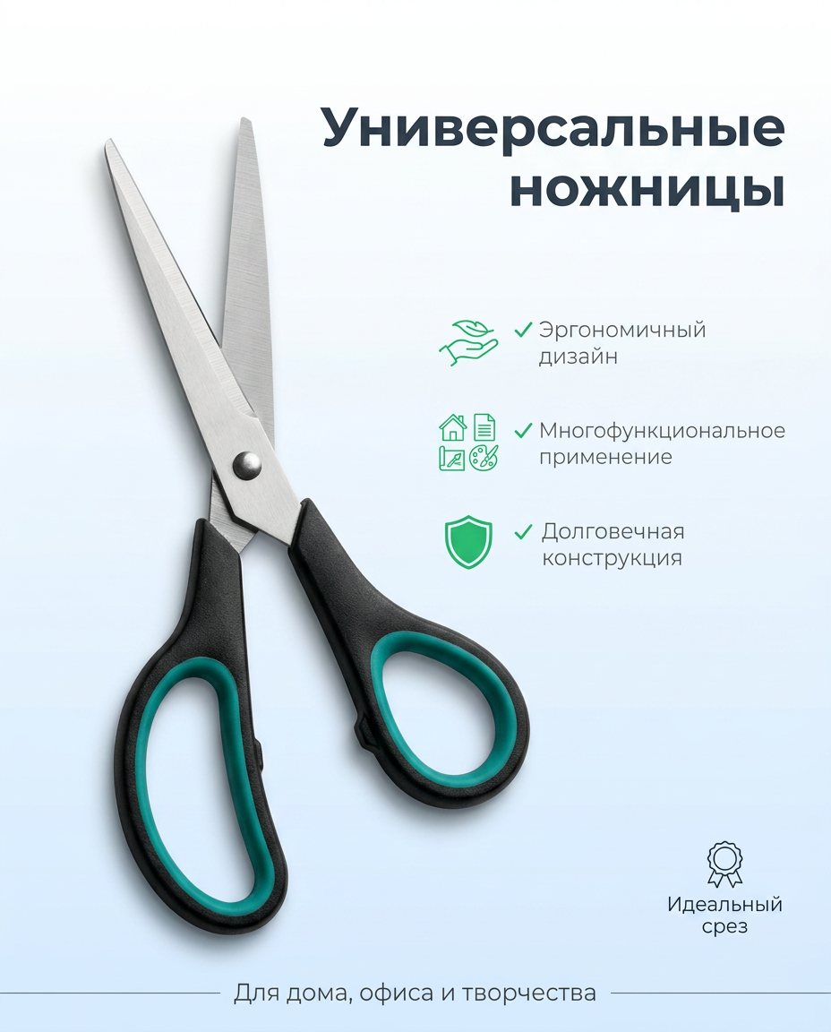 Ножницы универсальные, с прорезиненными ручками, черный/голубой, 21см