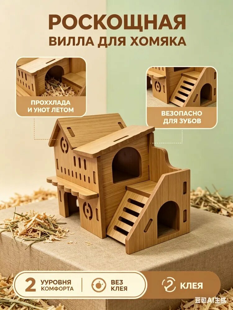 Домик для хомяка деревянный, двухэтажная вилла-укрытие для грызунов - охлаждающий домик для джунгарских и сирийских хомяков, защита от погрызов.
