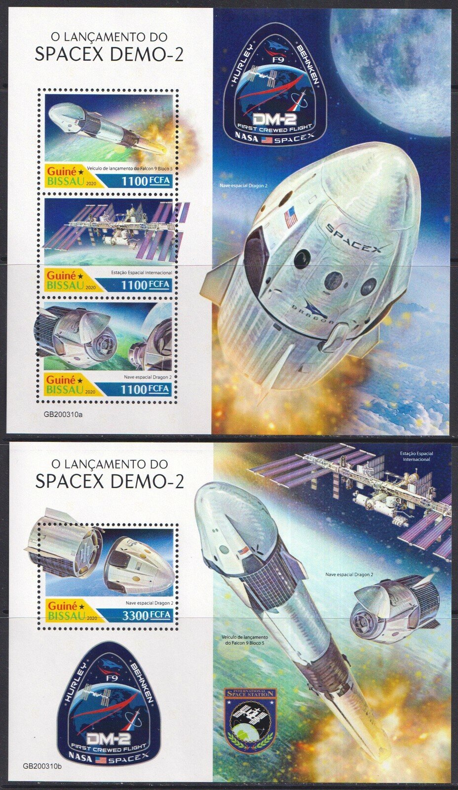 Марки 2020 год Гвинея-Биссау Космос SpaceX DEMO-2 NASA #11268-11270+BL1934 MNH