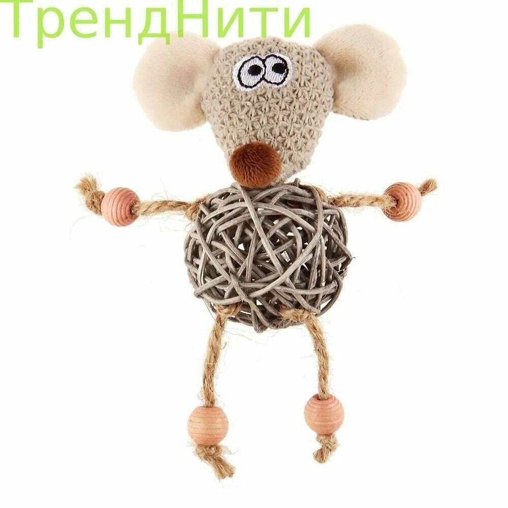 GiGwi, серия CATCH & SCRATCH ECO, игрушка для кошек Мышка с плетеным мячиком и колокольчиком, 8 см