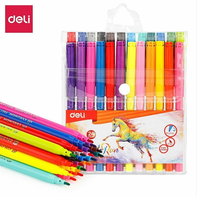 Фломастеры 24 цвета, Deli ColoRun, вентилируемый колпачок, смываемые, пакет с европодвесом