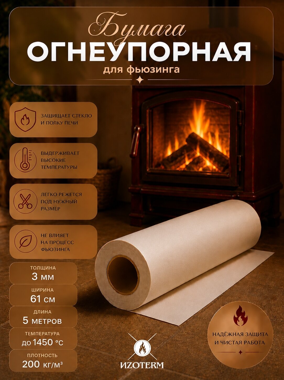 Огнеупорная керамическая бумага 3 мм, длина 5 м — для теплоизоляции, фьюзинга, печей и защиты мебели