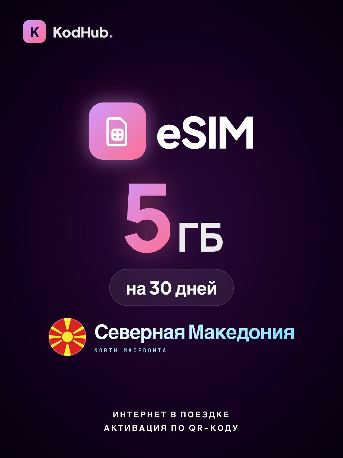 Туристическая eSIM Северная Македония 5 ГБ на 30 дней | интернет в поездке, связь за границей | QR-код активации