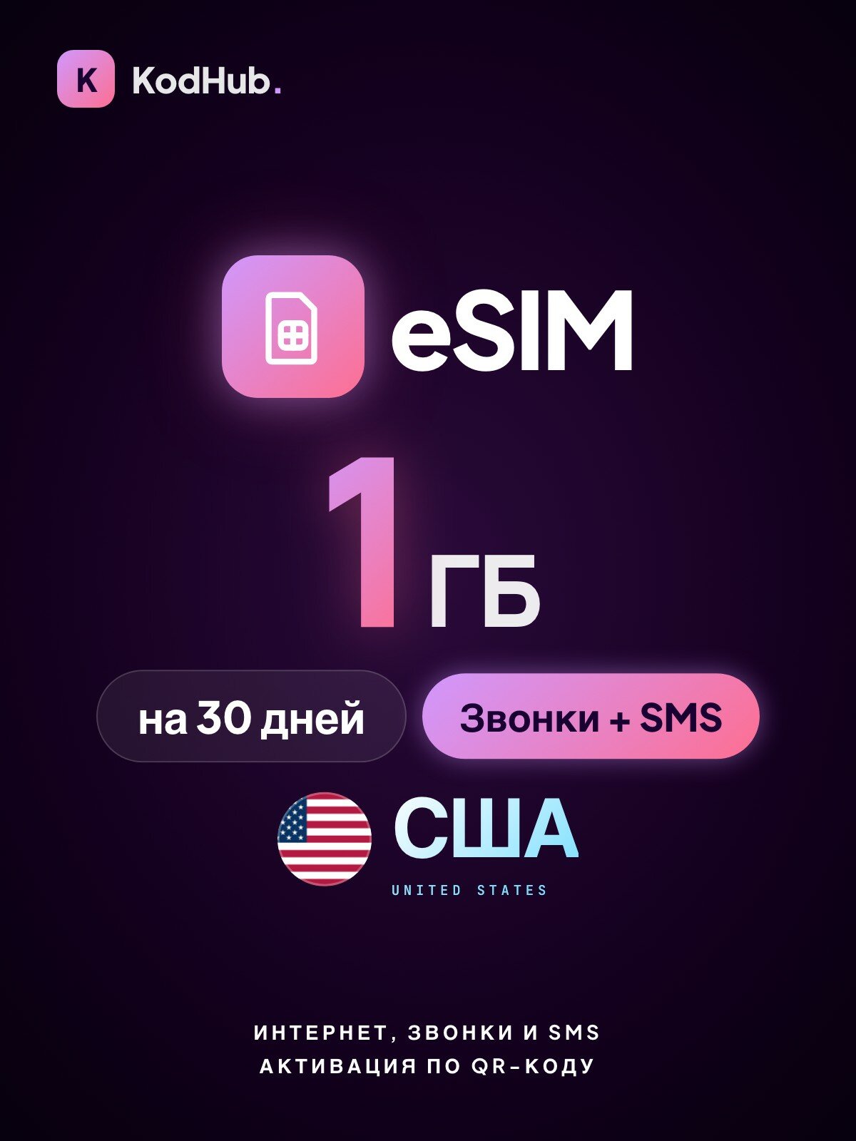 Туристическая eSIM США 1 ГБ + звонки + SMS на 30 дней | связь в поездке без роуминга
